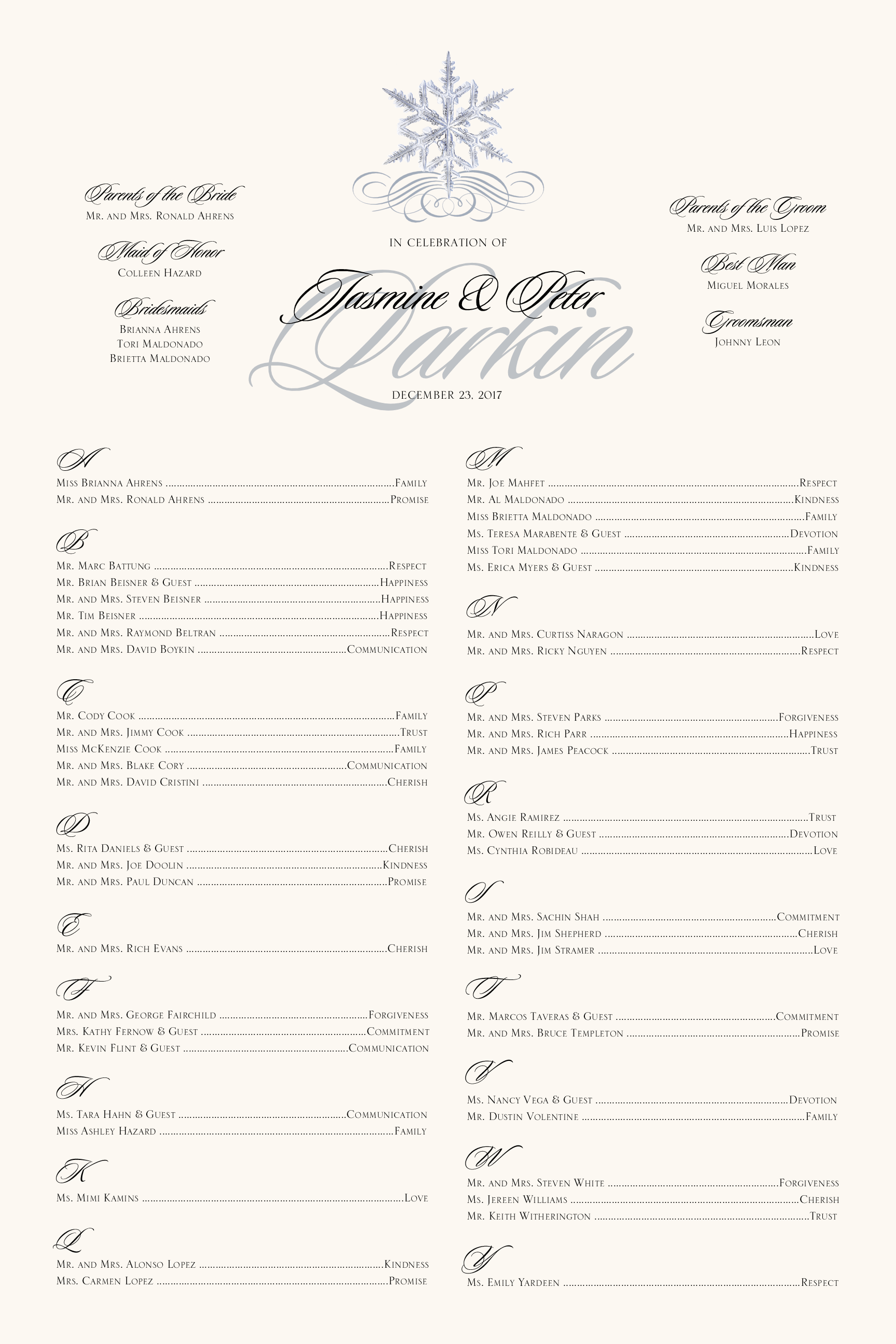Winter Wedding Snowflake Flourish Seating Chart and Seating Poster with Wedding Guest List ...